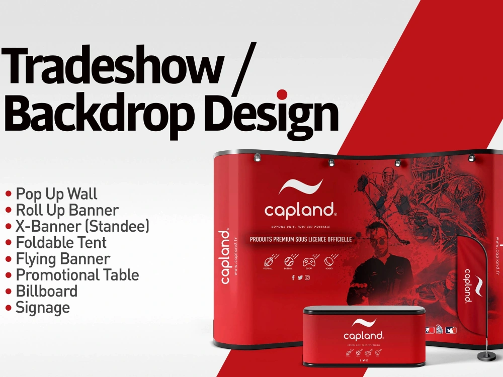 A fantastic design of trade show booth, backdrop and roll up banner ...