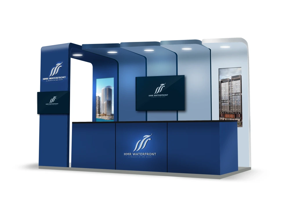 A fantastic design of trade show booth, backdrop and roll up banner ...