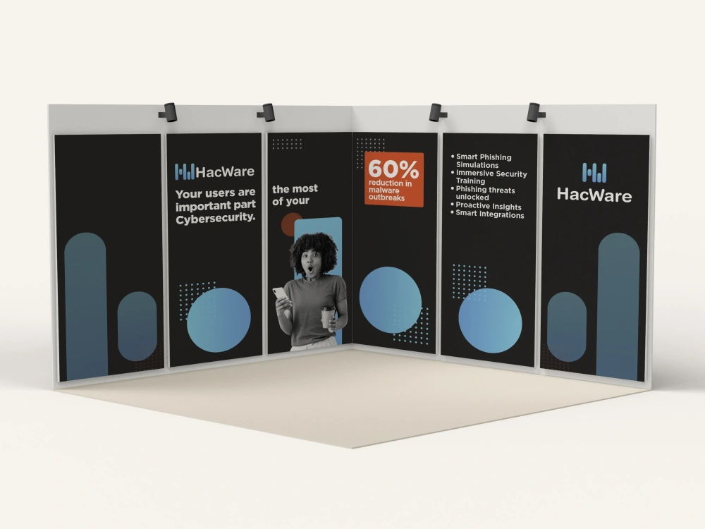 A fantastic design of trade show booth, backdrop and roll up banner ...