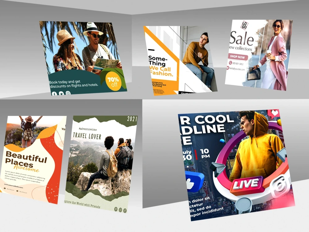 Posters banners ads, motion flyers, slideshow video for social media ...