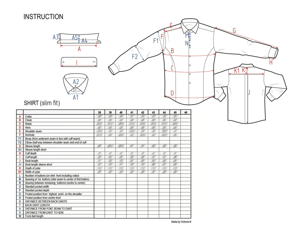 Dimensioned drawings of fashion product with a detailed measurement ...