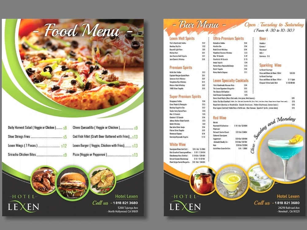 An amazing restaurant & bar menu, food menu, price list & menu board ...