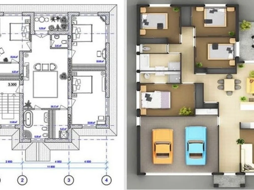 Well annotated and dimensioned 2D plans, sketches, elevations, sections ...