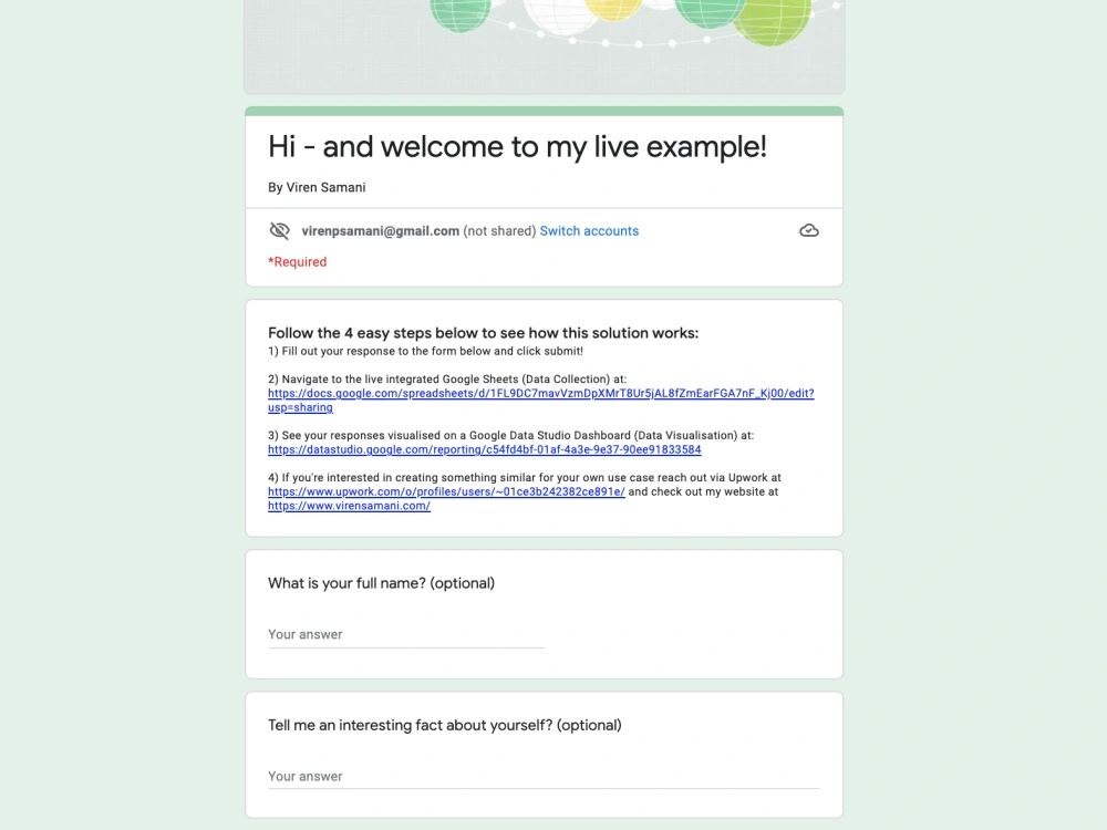 An integrated with a Google Sheet/Form/Data Studio Dashboard | Upwork