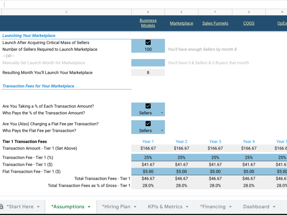A marketplace financial model, 5-year projection, and pro forma ...