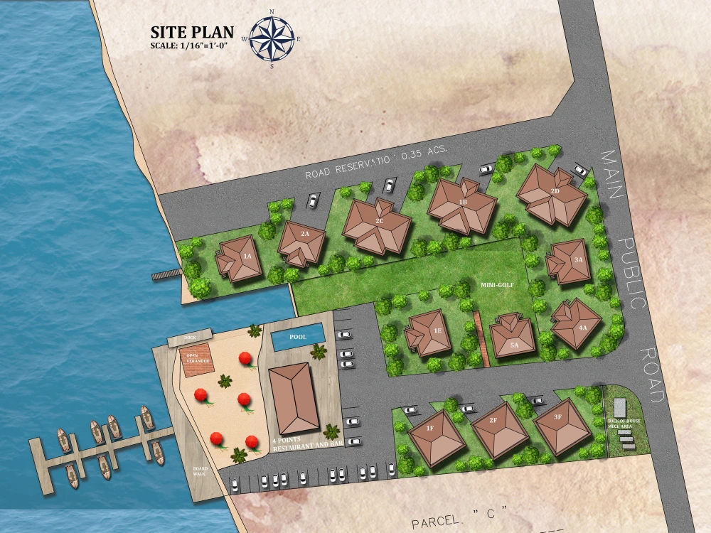 Rendered architectural site plan, master plan, floor plan, elevations ...