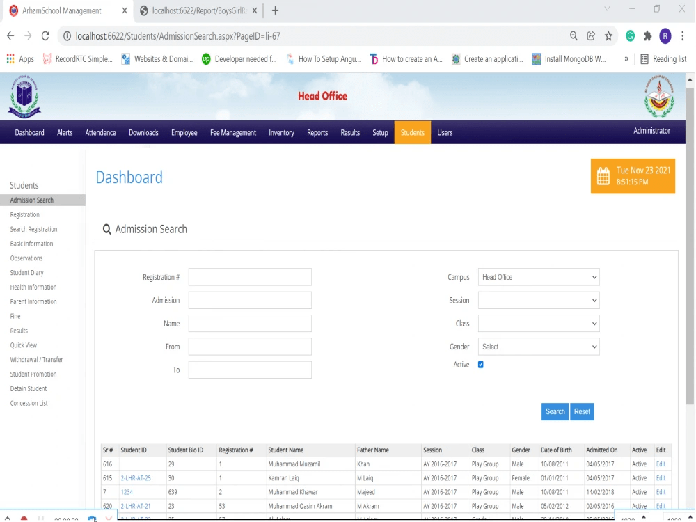 School Management System (Asp.net Webforms, jQuery, MSSQL, Ado.net, Html) | Upwork