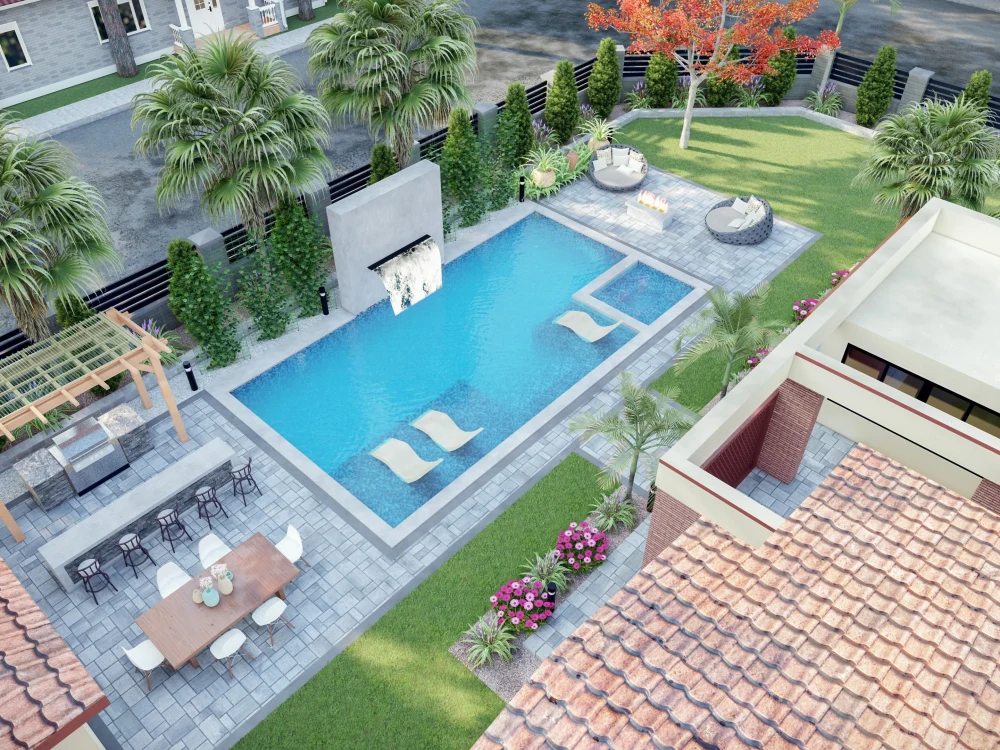Backyard, landscape, garden, pool, patio, house design with render | Upwork