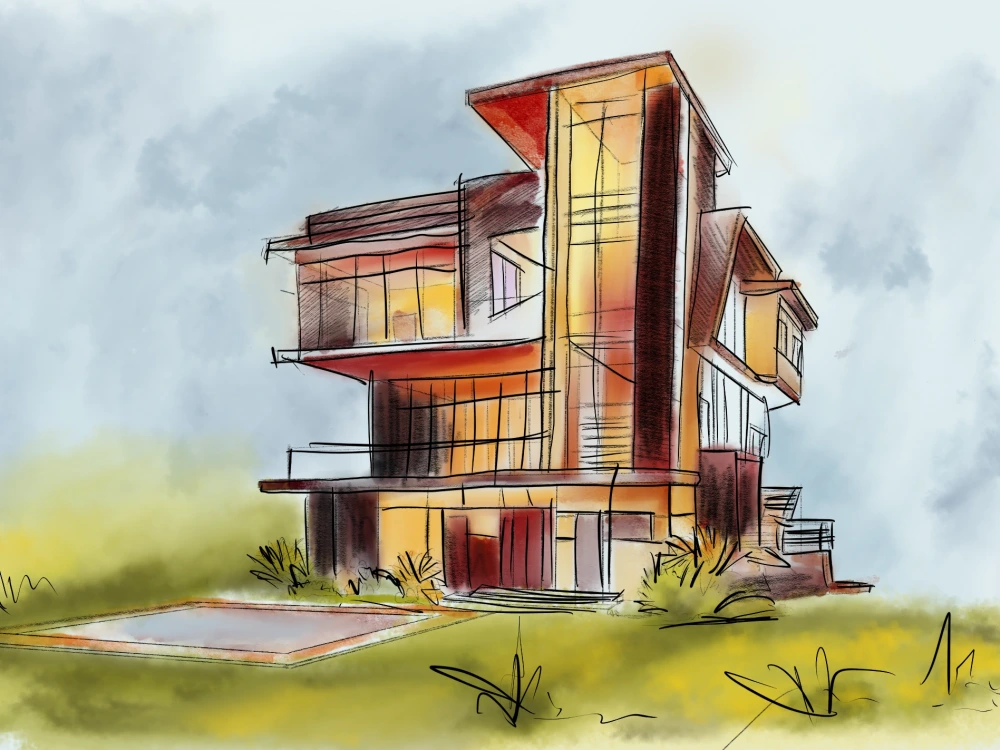 A conceptual line sketch design of a building(exterior/interior ...