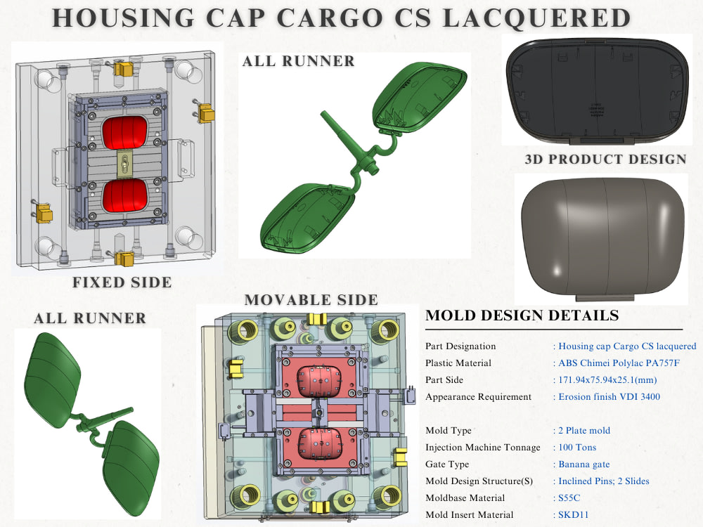 Plastic injection mold detailed 3D design, DFM & basic moldflow ...