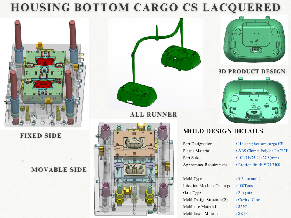 Plastic injection mold detailed 3D design, DFM & basic moldflow ...