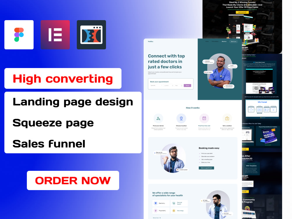 A design of a website landing page in figma, elementor or clickfunnels ...