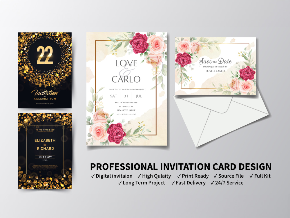 Wedding invitation, save the date and party invitation card design | Upwork