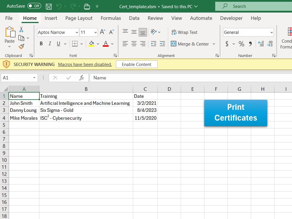 Excel with macros that enables to Print Certificates as PDF | Upwork