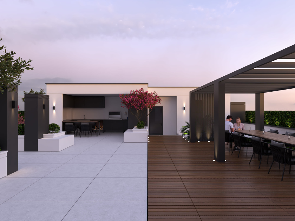 Modern landscape, elevation, exterior design in 3d with realistic ...