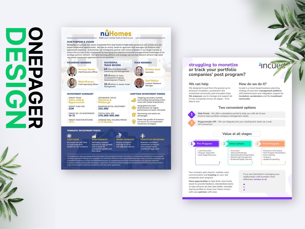 One pager design, investment teaser, one page flyer | Upwork