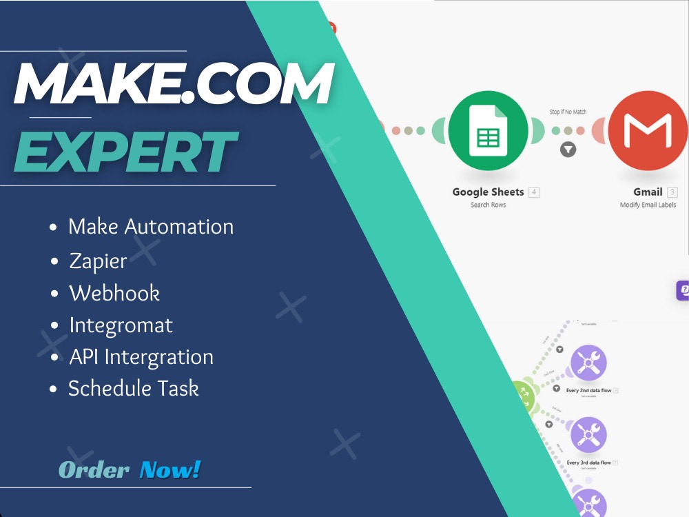 Make integromat zapier automation make.com google sheet webhook made.com | Upwork