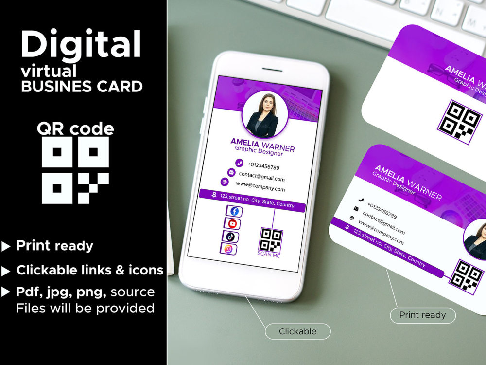 Clickable Digital business card with QR code, virtual & flat business ...