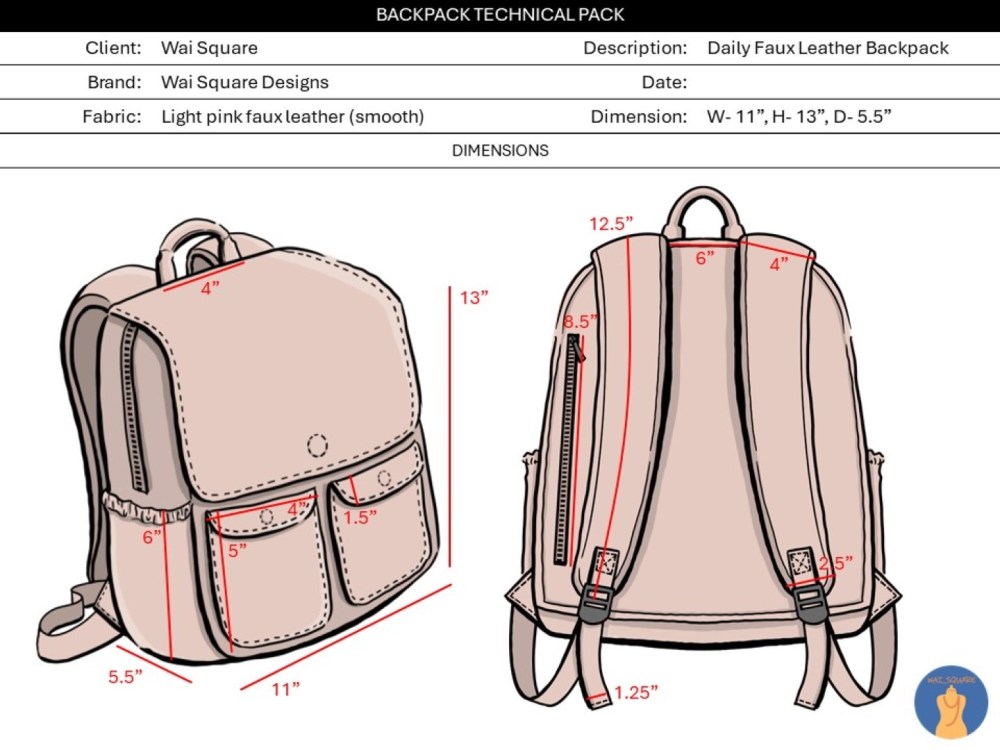 Bag/Backpack/Handbag Technical Pack with illustration & other details ...