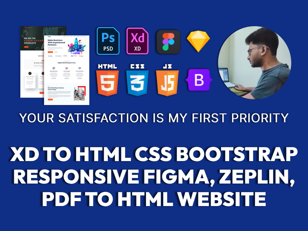 Convert XD to HTML CSS Bootstrap Responsive Figma Zeplin PDF HTML Website! | Upwork