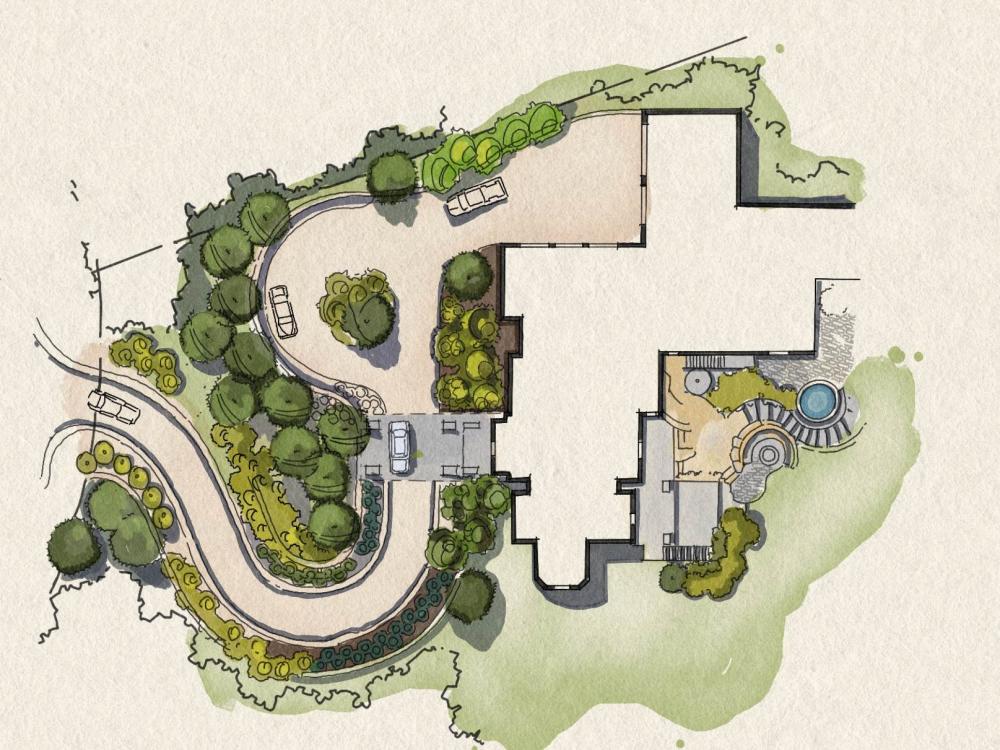 Hand drawn architectural floor plans and landscape site plan renderings ...