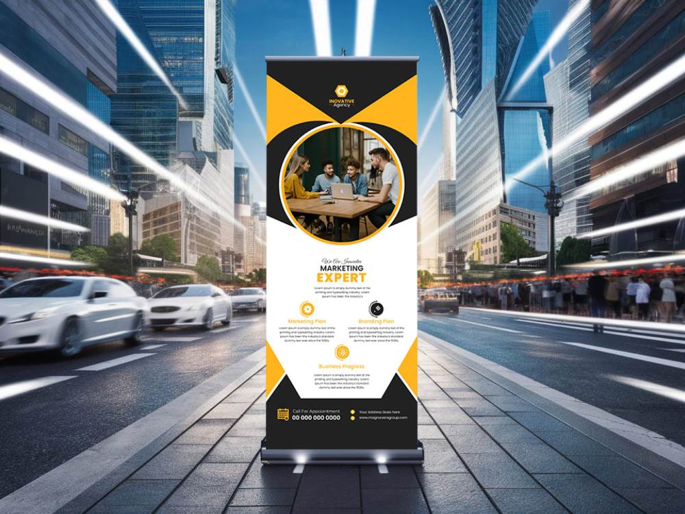 A retractable backdrop roll up pull up and pop up banners design | Upwork