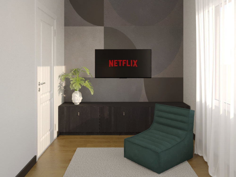 3D design of a room with floor plans and mood board with product ...