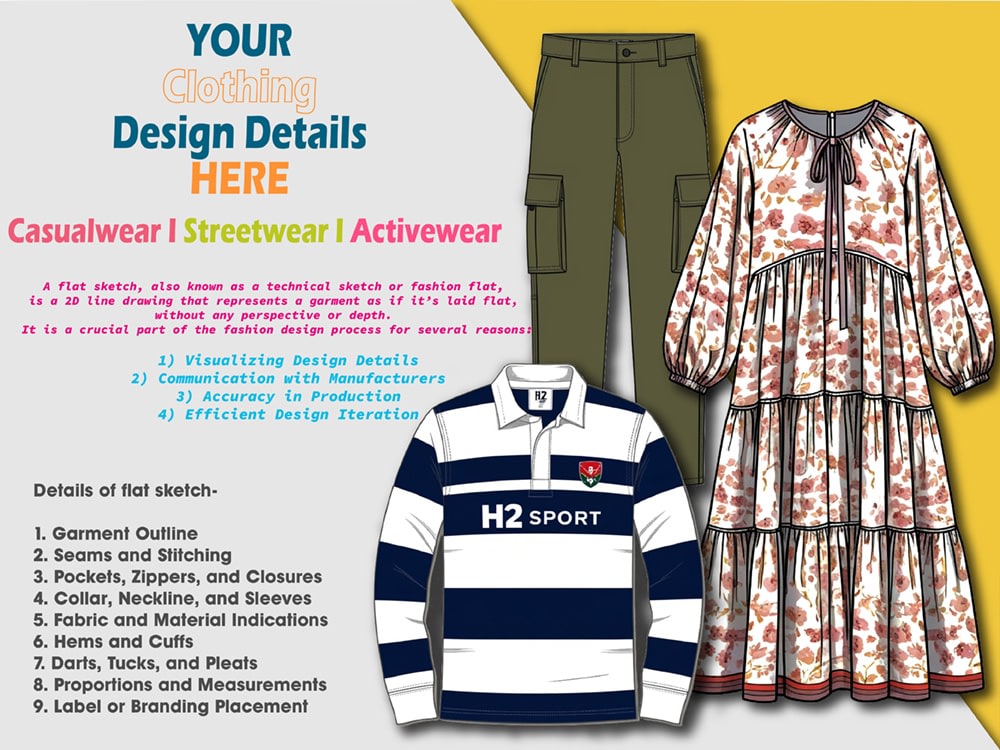 Clothing flat sketch with technical design details for clothing ...