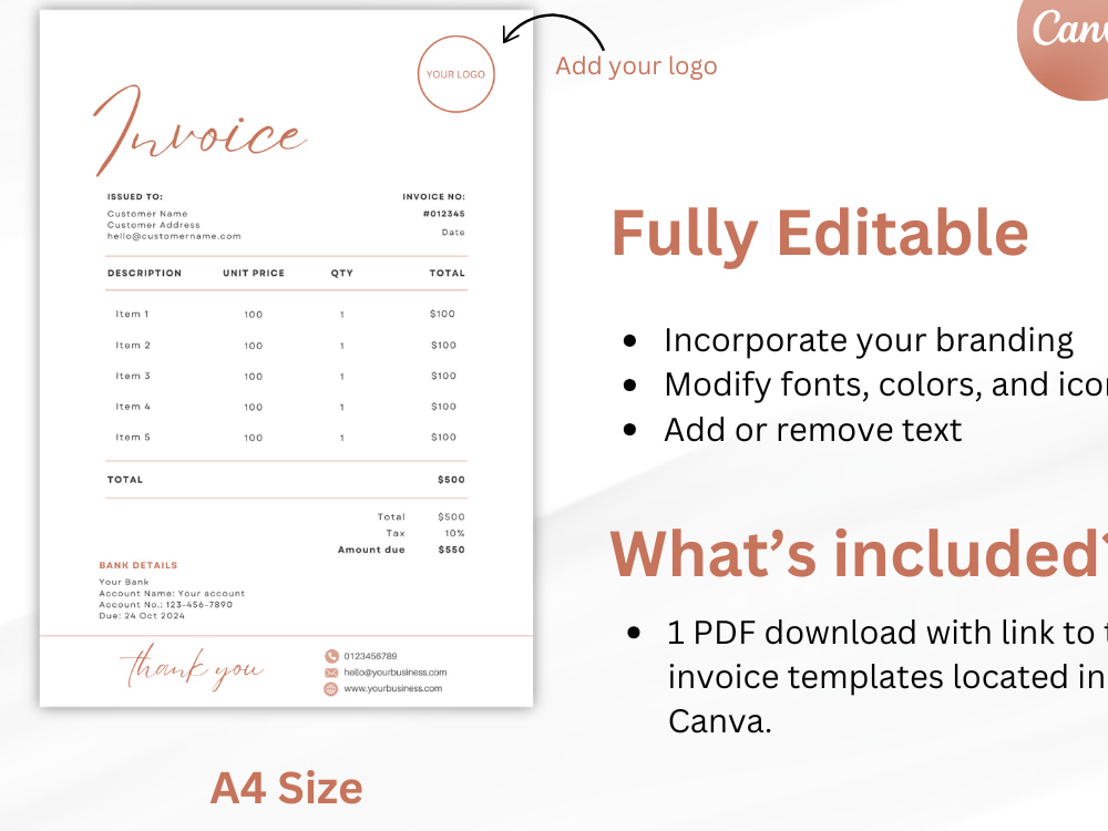 Editable Minimalist Invoice Template | Set of 5 Printable Business Invoices | Upwork