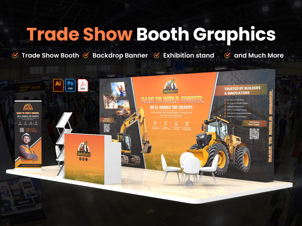 A creatively designed trade show booth, backdrop, banner, exhibition ...