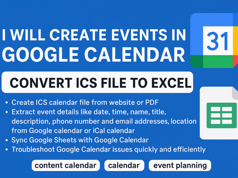 Events created in google calendar and export ics file to excel | Upwork