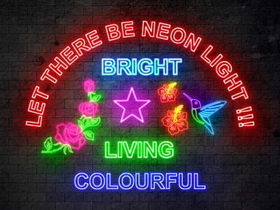Wonderful neon(glowing) texts and figures in bright and living colors ...