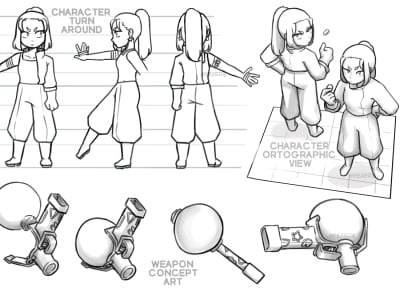 A general concept art sheet - Character(s), Outfits, Weapons, Props ...