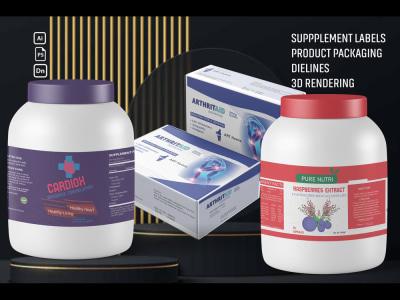 A premium supplement label product box packaging and 3D image rendering ...