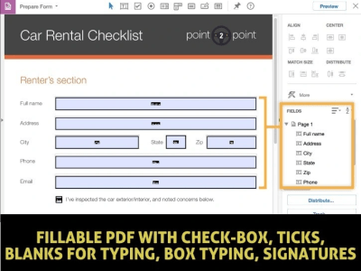 A fillable PDF with fillable text boxes, check boxes and other elements ...