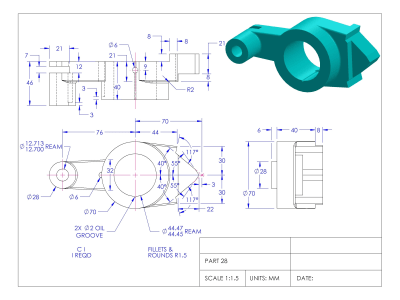 A 3D Model and it's drawing in Solidworks for a mechanical Component ...