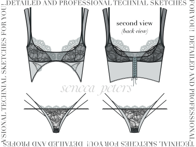 Detailed and professional technical sketches for lingerie/swim ...