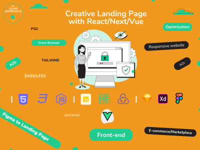 Landing page web design in frontend technology React | Next | Vue | ES6+ | Upwork
