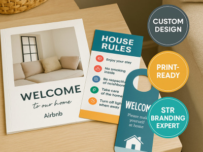 Design airbnb welcome guide flyer brochure vrbo house rule door hangers ...