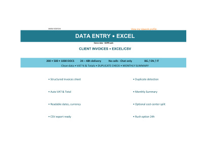 Invoice to Excel/CSV • 200 Docs • VAT % • Duplicate Check & Monthly ...
