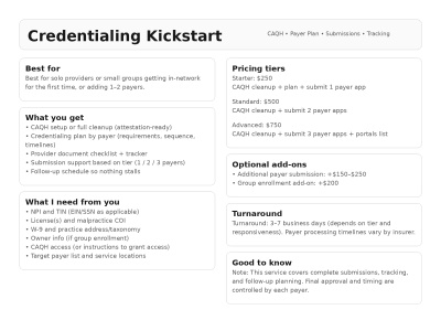 Credentialing kickstart with CAQH setup and payer submissions | Upwork