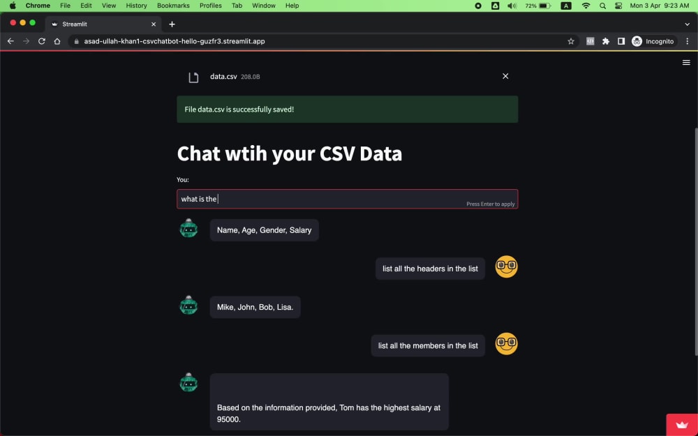 Csv Data Chatbot Web App Using Openai Langchain Python Streamlit Upwork