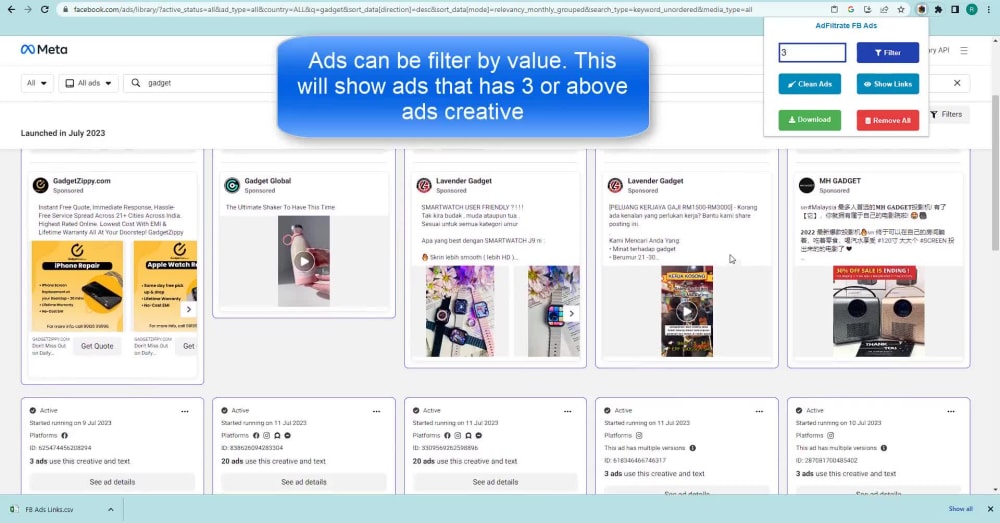 Facebook Ads Library Extension Tool for Filter creative ads | Upwork