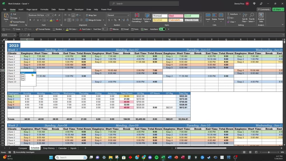A fully functional and easy-to-use Work Schedule by client, task, or ...