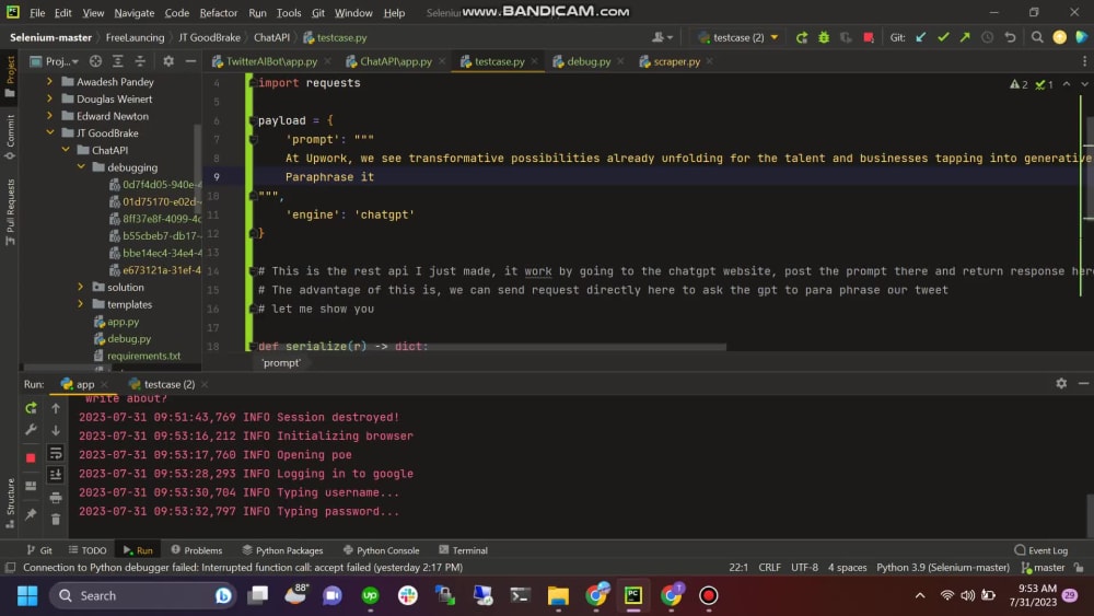 A ChatAPI to handle ChatGPT queries, no rate limits, no API cost | Upwork