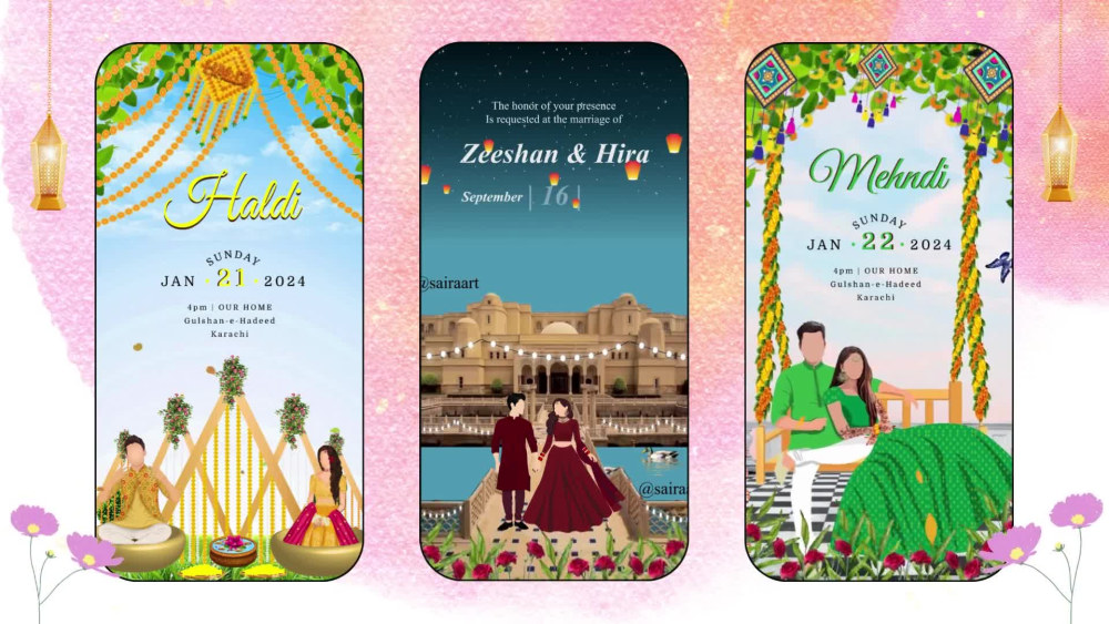 Unique animated caricature wedding invitation cards and video | Upwork