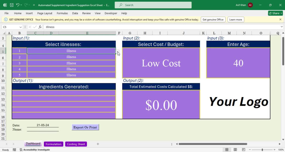 Automated Supplement Ingredient Suggestion Excel Sheet | Upwork