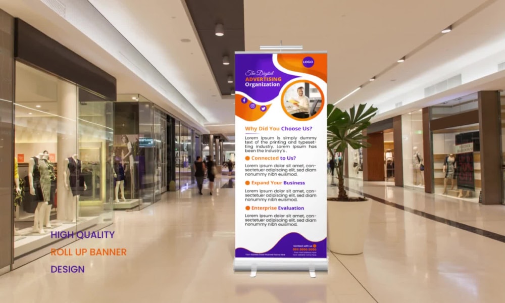 A creative roll up banner, backdrop, signage design, and retractable ...