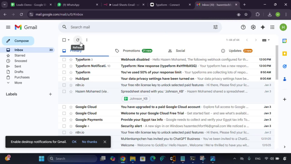 Build n8n automation: Form/Webhook → Google Sheets → Email alerts | Upwork