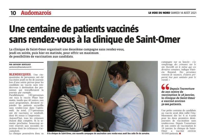 Retour sur les journées de vaccination sans rdv à la Clinique de Saint Omer, par la Voix du Nord ...